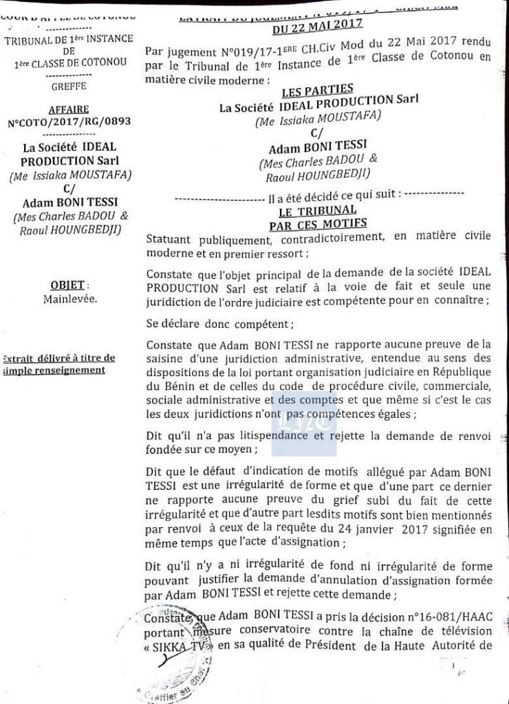Fermeture de Sikka TV au Bénin: voici la décision qui condamne Adam ...