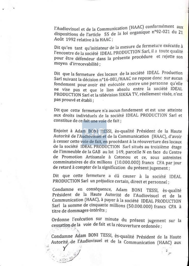 Fermeture de Sikka TV au Bénin: voici la décision qui condamne Adam ...